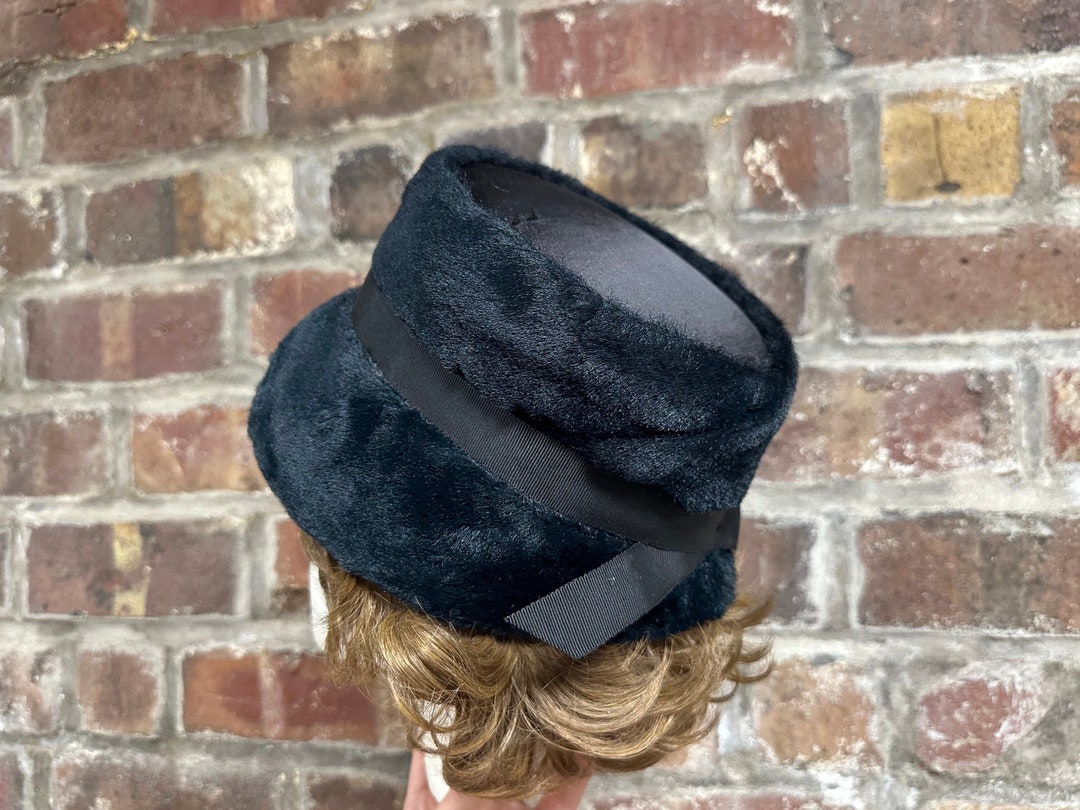 Vintage 50's/60's Black Fuzzy Pill Box Hat - Etsy