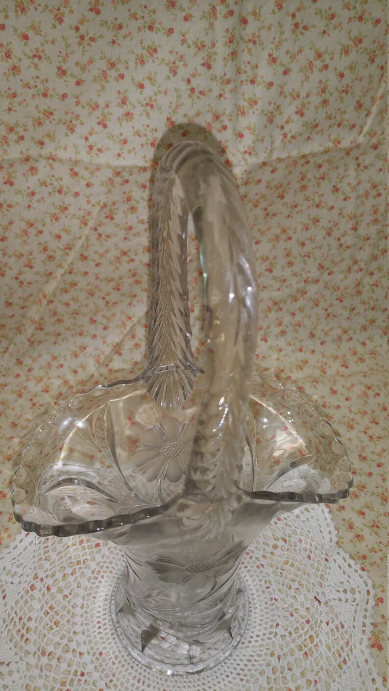 Etched Glass Basket Vase. Etched Daisies. Tall Glass Basket | Etsy