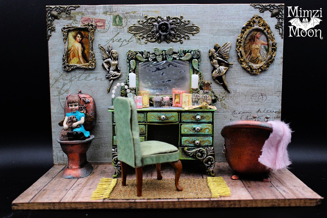 Shabby Chic Bathroom Dollhouse Diorama Pastel Goth Vanity Room Box ...