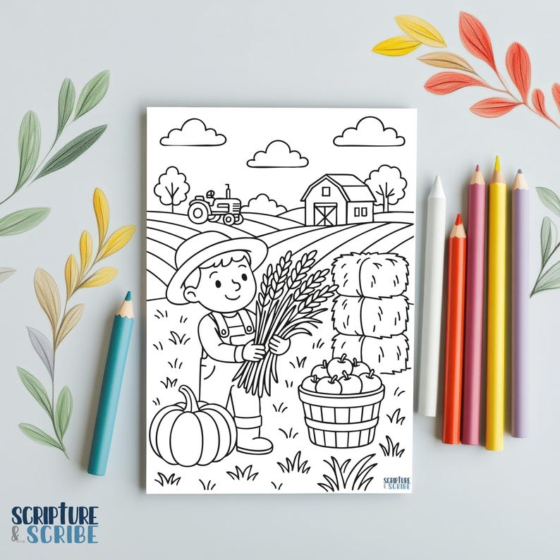 Autumn Harvest Coloring Page: Farm Scene Printable (A4 PDF) - Etsy