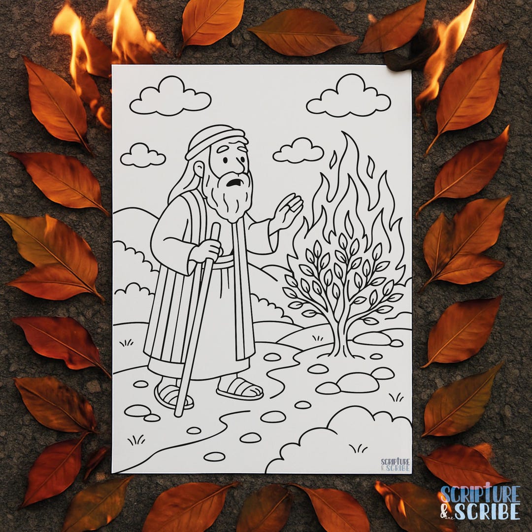 Moses and the Burning Bush Colouring Page: Kids Bible Activity (PDF ...