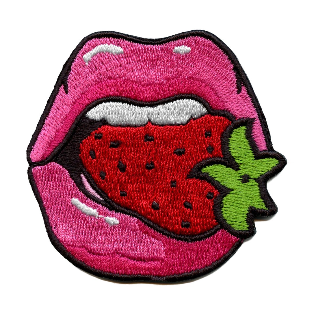 Pink Lips Biting Strawberry Patch Healthy Fruit Embroidered Iron on AC6 ...