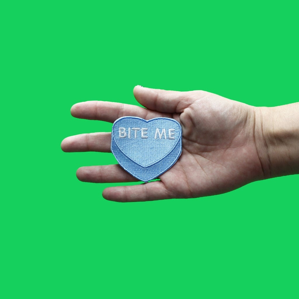 Bite Me Candy Heart Patch Valentines Day Blue Embroidered Iron on AF7 ...