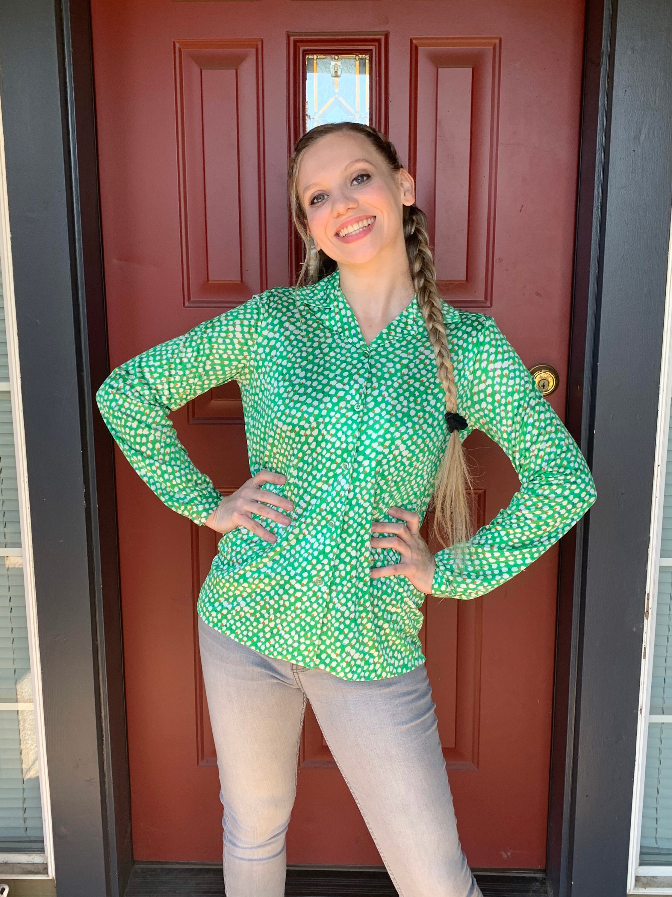 70s HALSTON V Print Jersey Shirt Green Op Art Print Long | Etsy