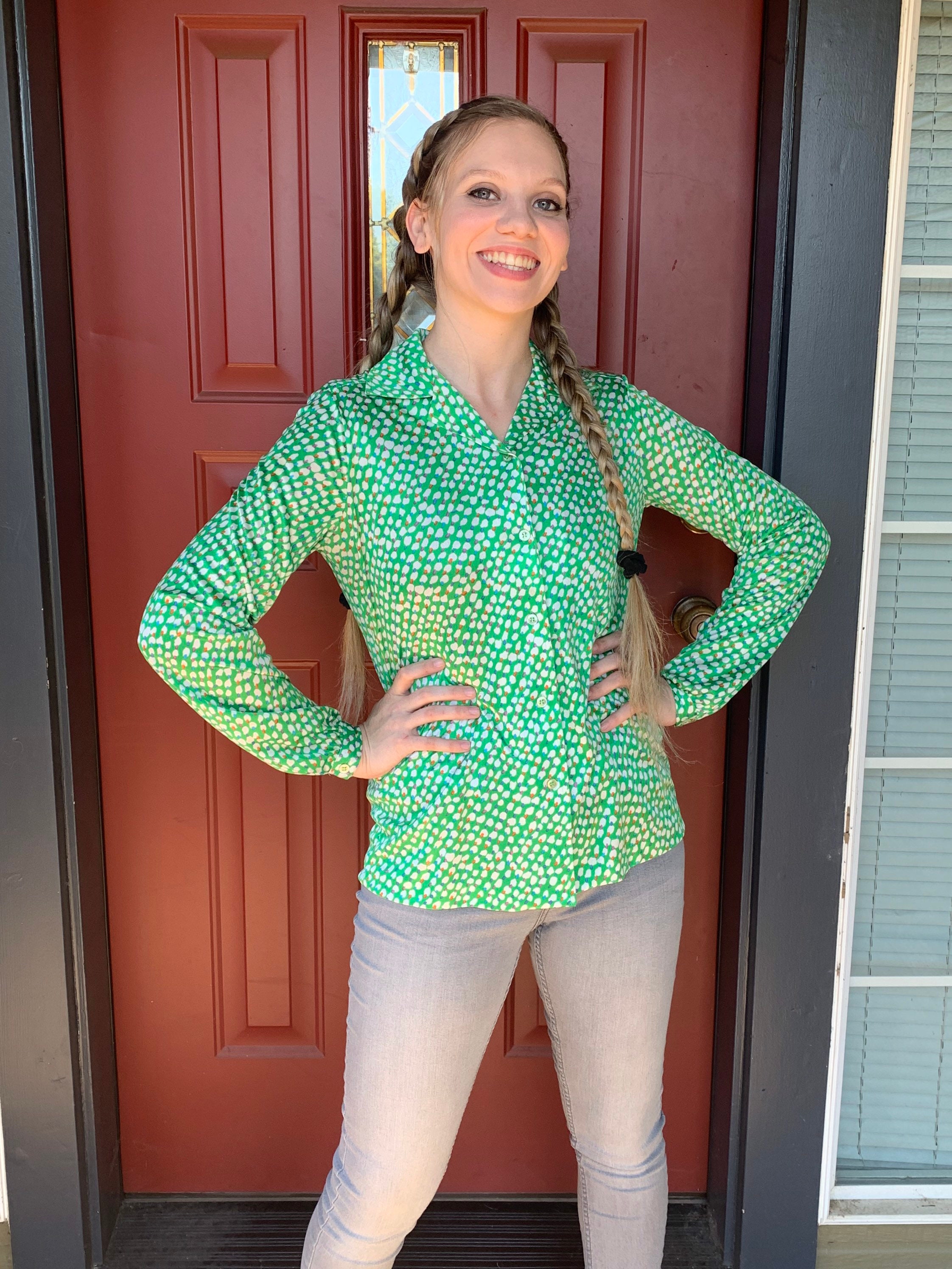 70s HALSTON V Print Jersey Shirt Green Op Art Print Long | Etsy