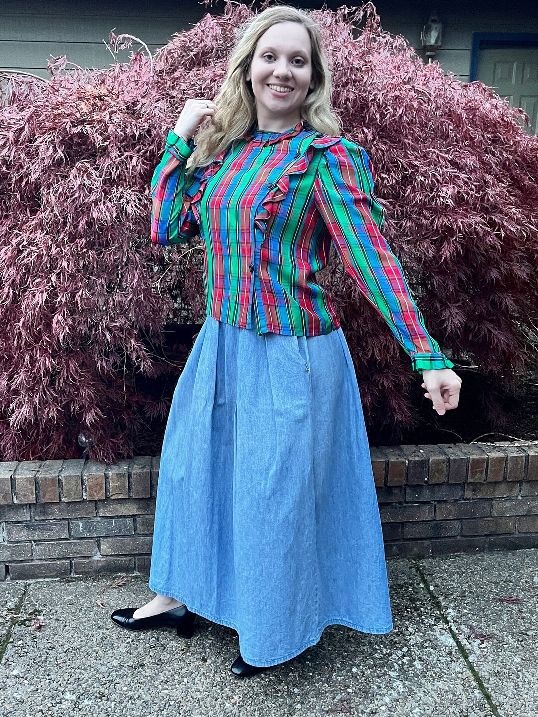 Victorian Tartan Plaid Ruffle Front Blouse Top, All Hand Stitching And