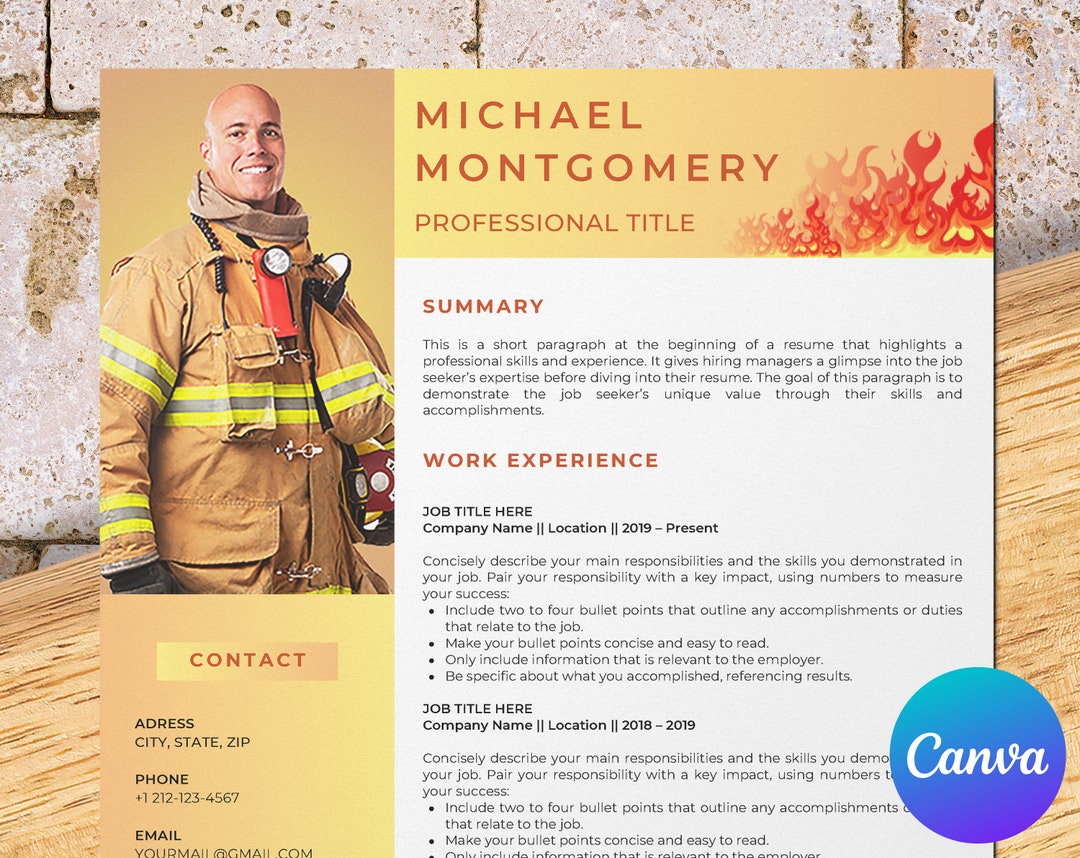 Firefighter Resume Template With Photo for Canva Fire Chief - Etsy