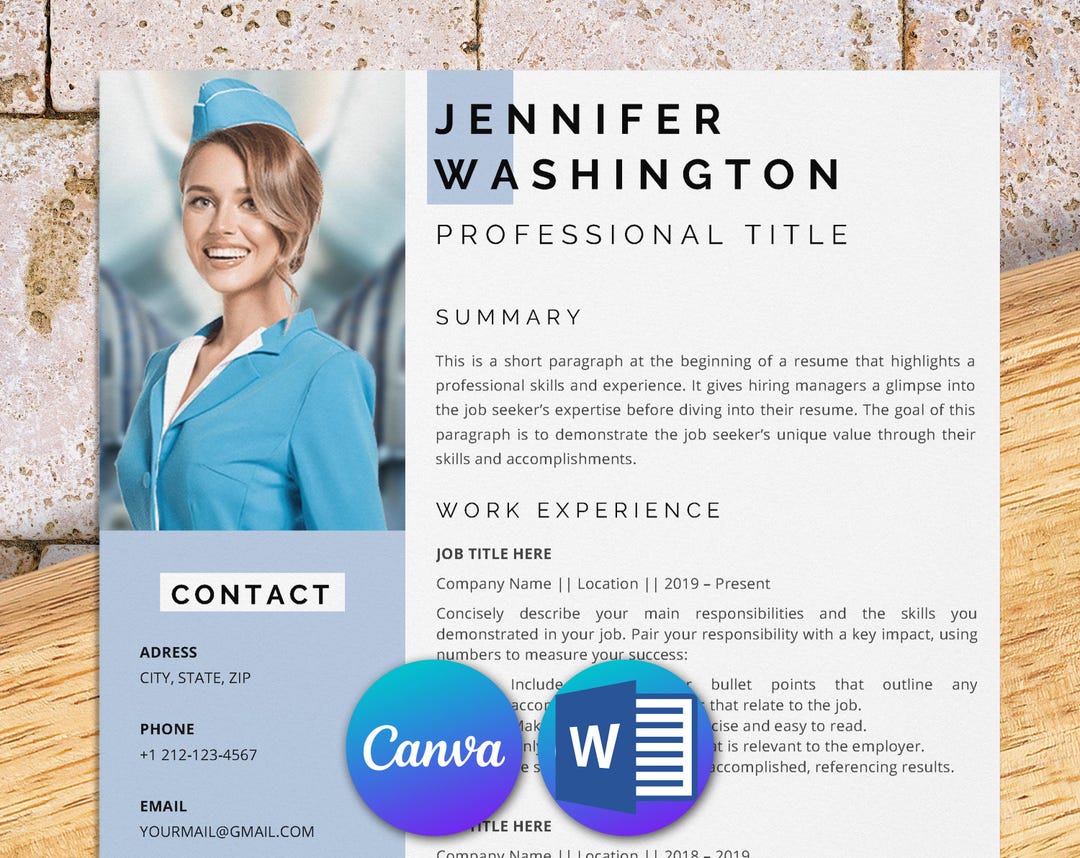 Flight Attendant Resume Template for Word, Stewardess Resume, Aviation ...