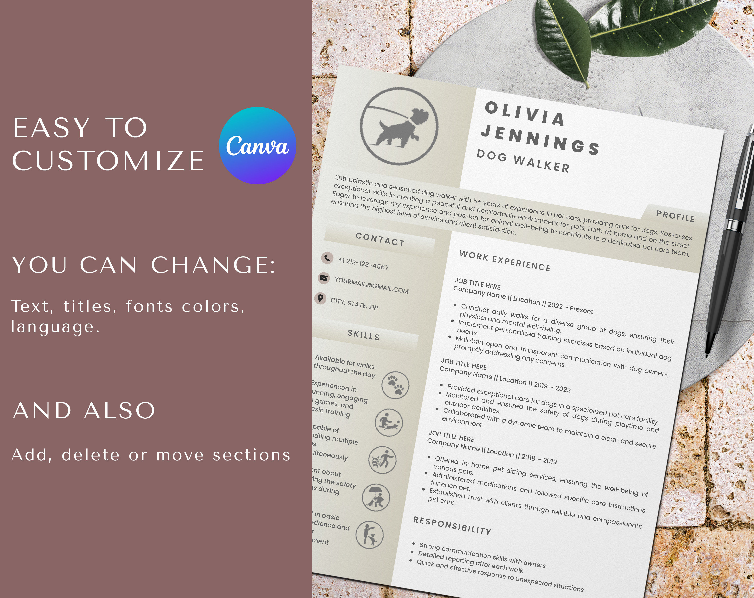 Dog Walker Resume Template for Canva, Pet Sitter, Dog Trainer, Dog ...