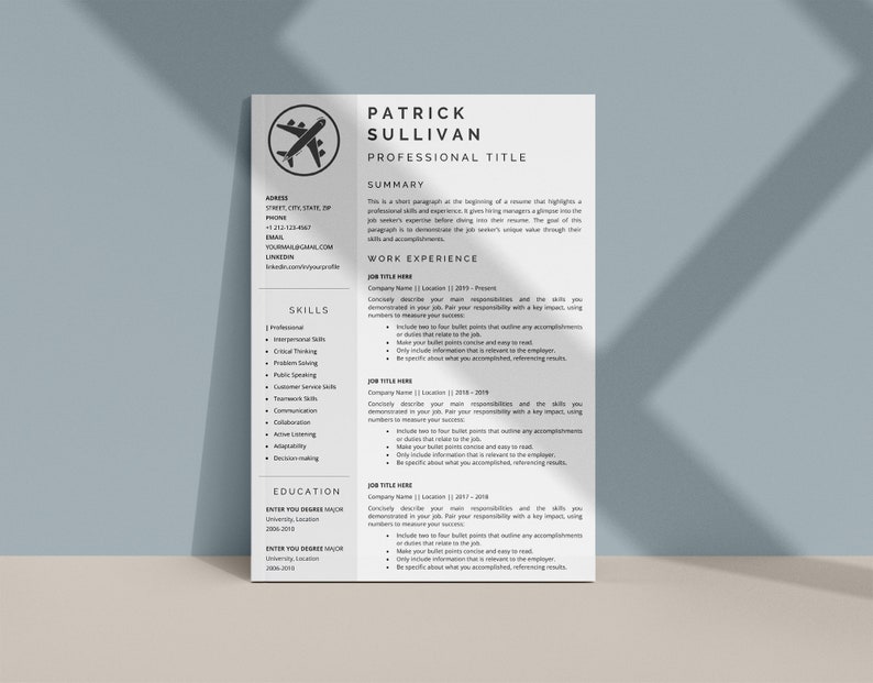 Aviation Resume Template for Word Pilot Resume Flight | Etsy