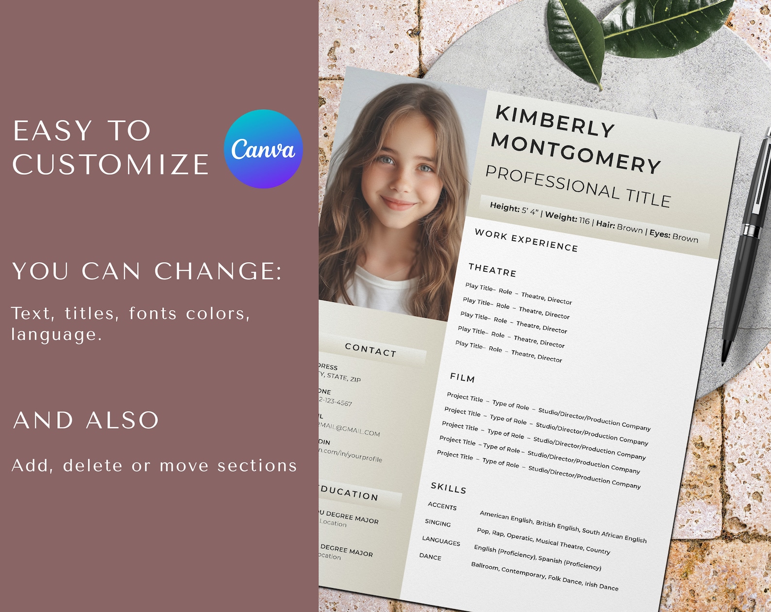 Child Actor Resume Template With Photo for Canva, Child Model Actor and ...