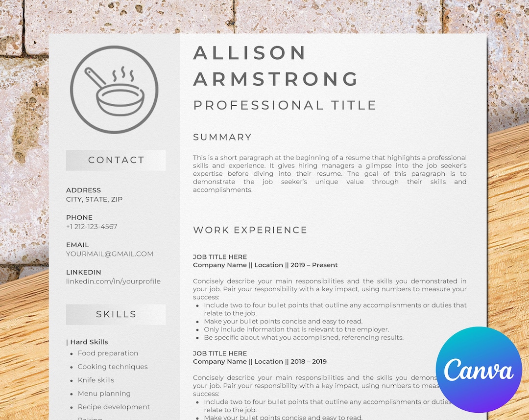 Chef & Cook Resume Template for Canva: Eye-catching and Editable Format ...