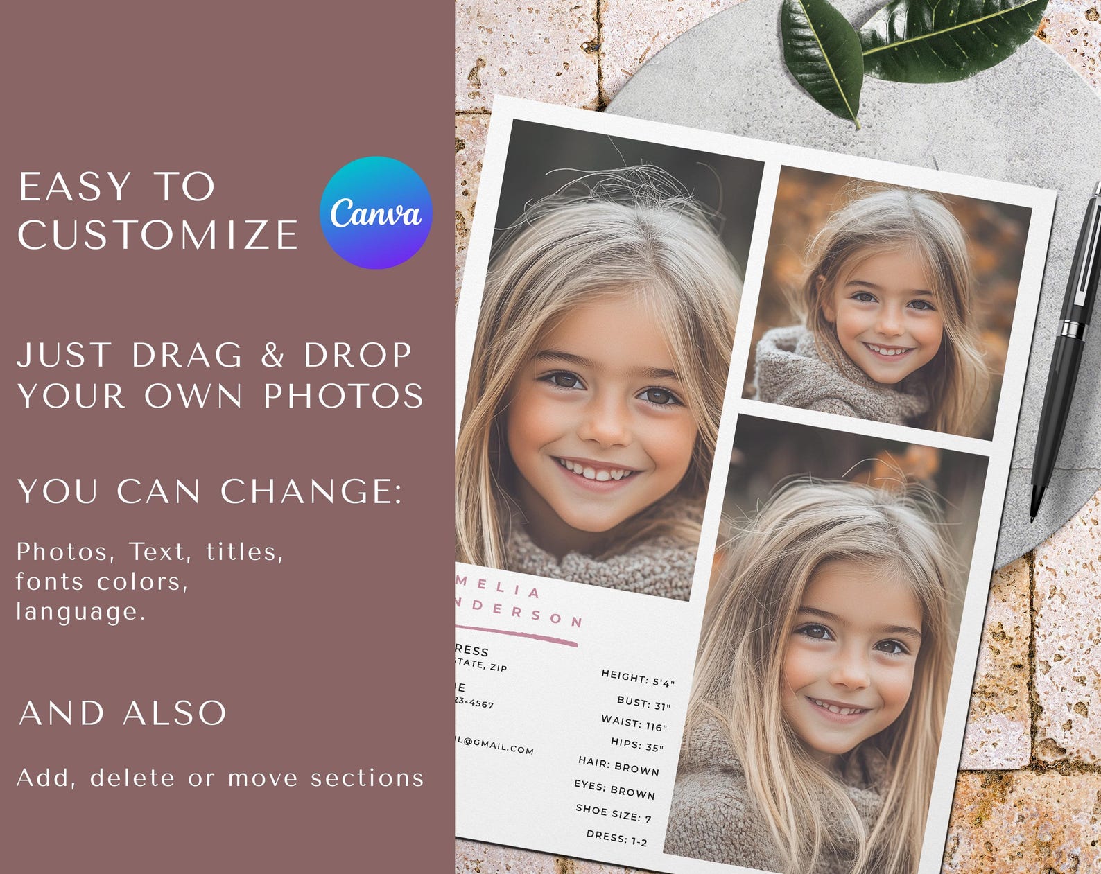 Kids Model Comp Card for Canva: Modeling Agency Zed Card, Editable ...