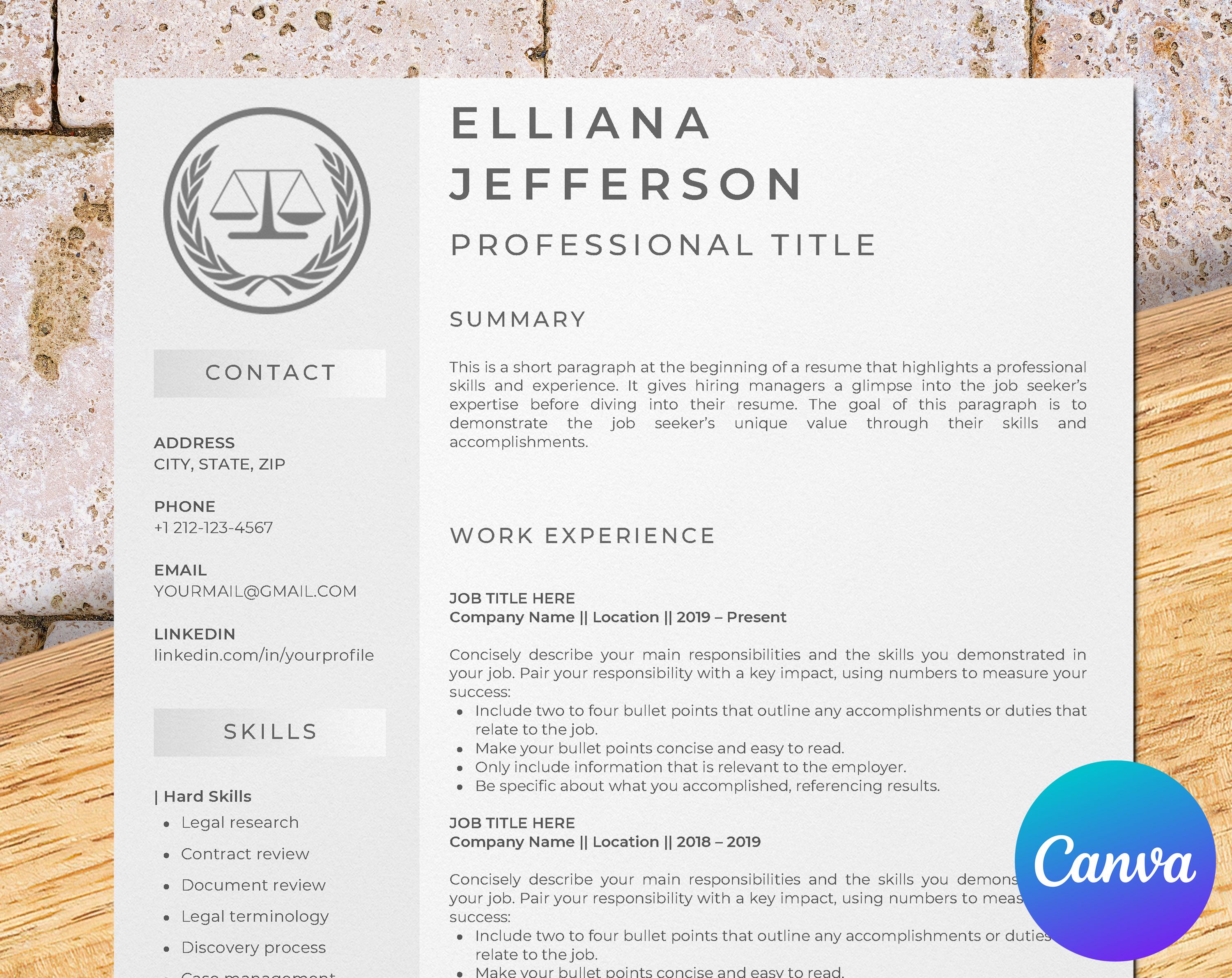 Legal Assistant Resume Template for Canva: Stand Out in the Legal Field ...
