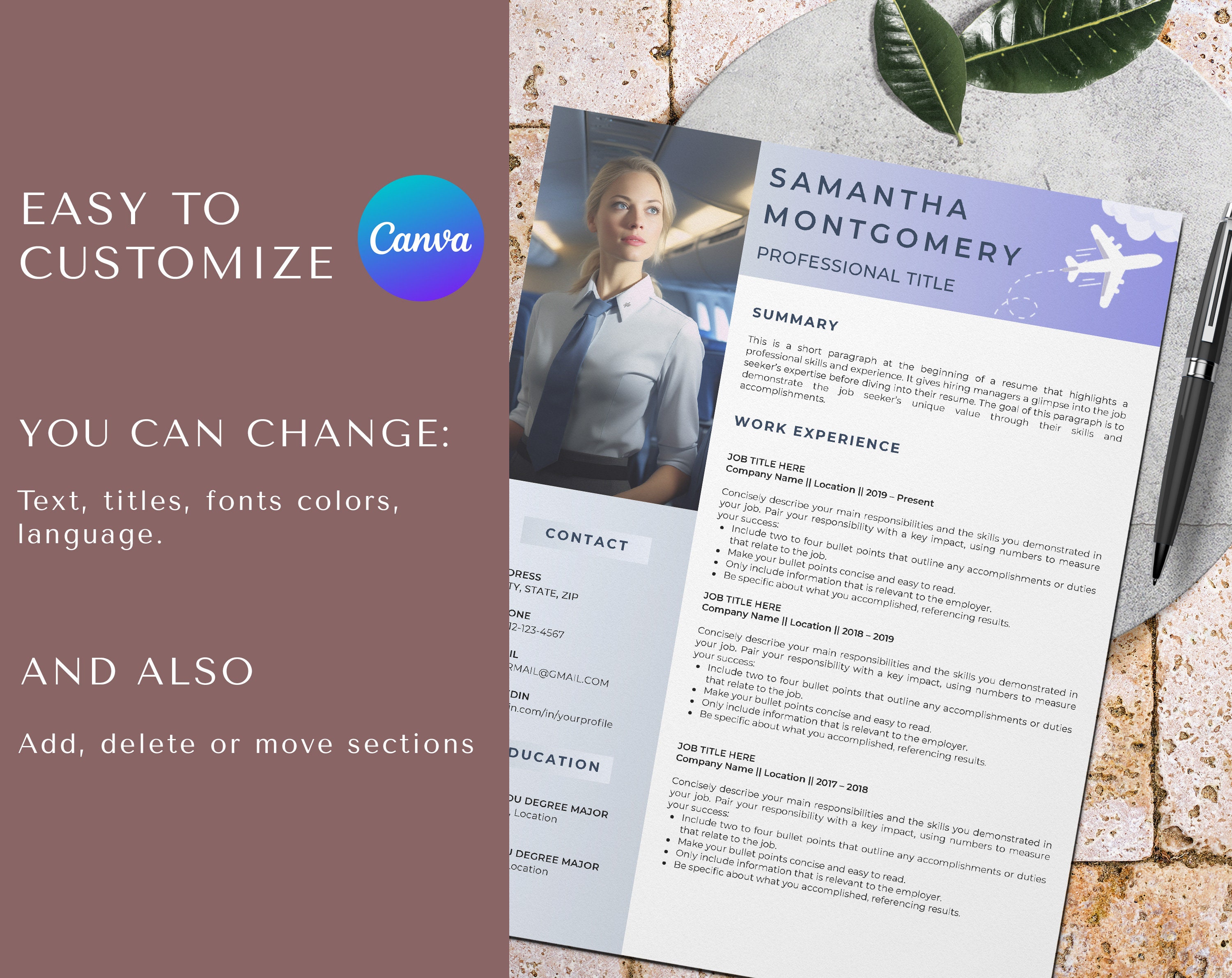 Flight Attendant Resume Template for Canva, Stewardess Resume, Aviation ...