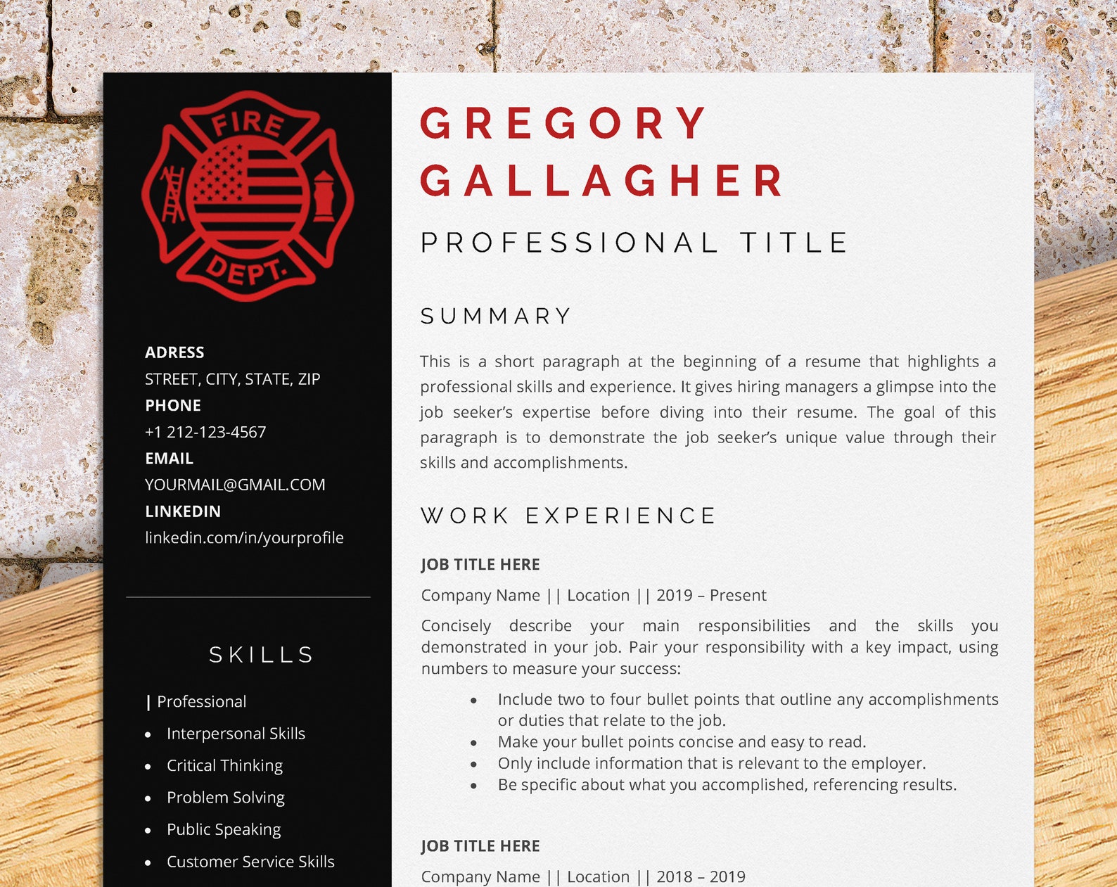 Firefighter Resume Template for Word, Fire Chief, Volunteer Firefighter ...