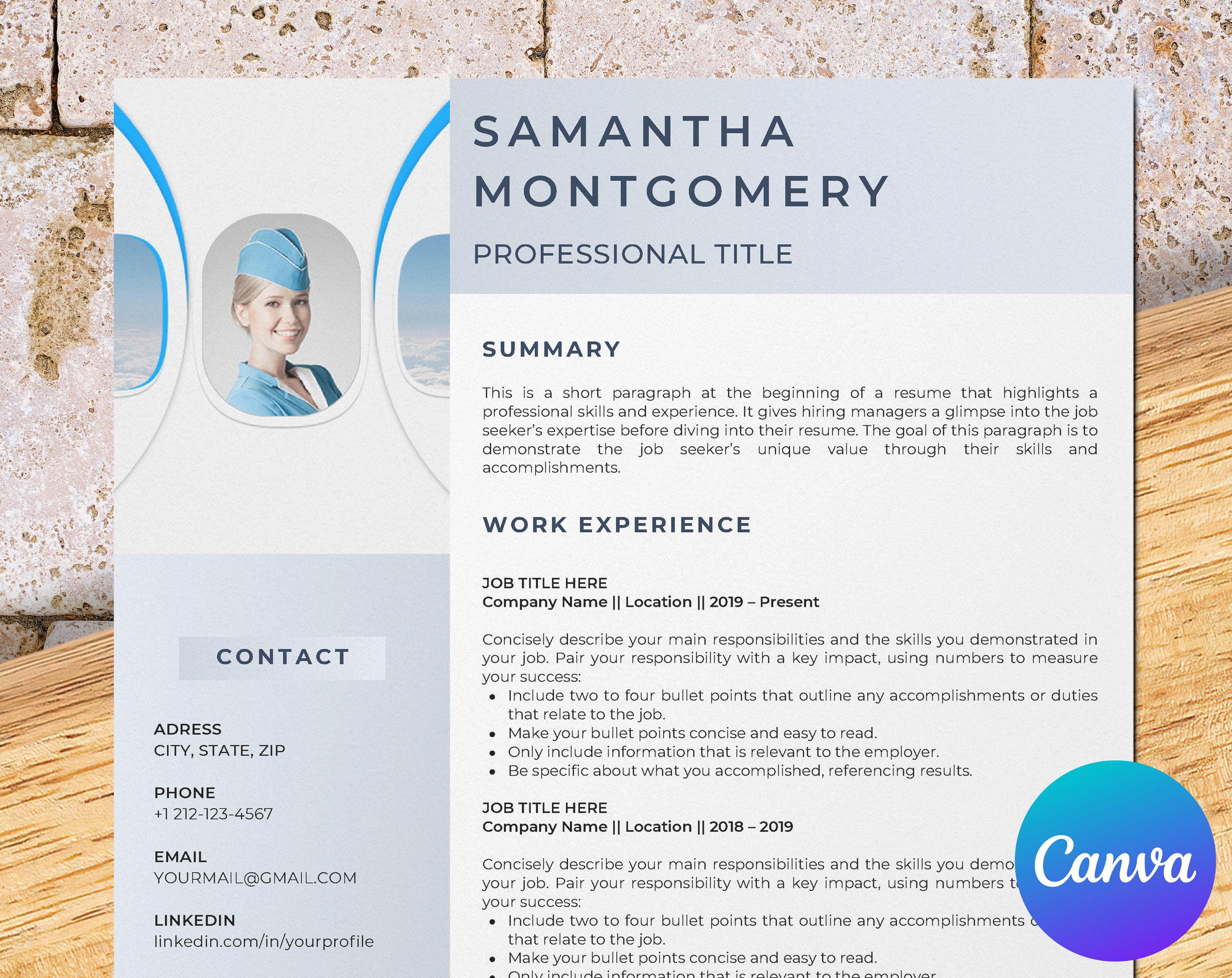 Flight Attendant Resume Template for Canva, Stewardess Resume, Aviation ...