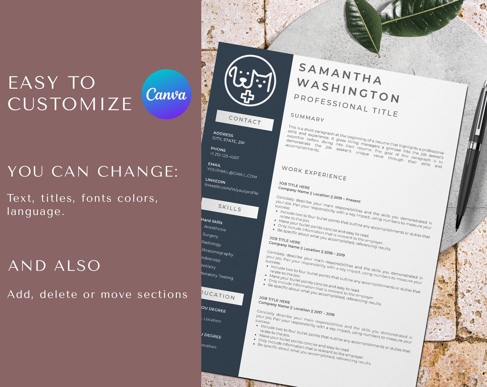 Veterinary Assistant Resume Template for Canva, Veterinary Technician ...