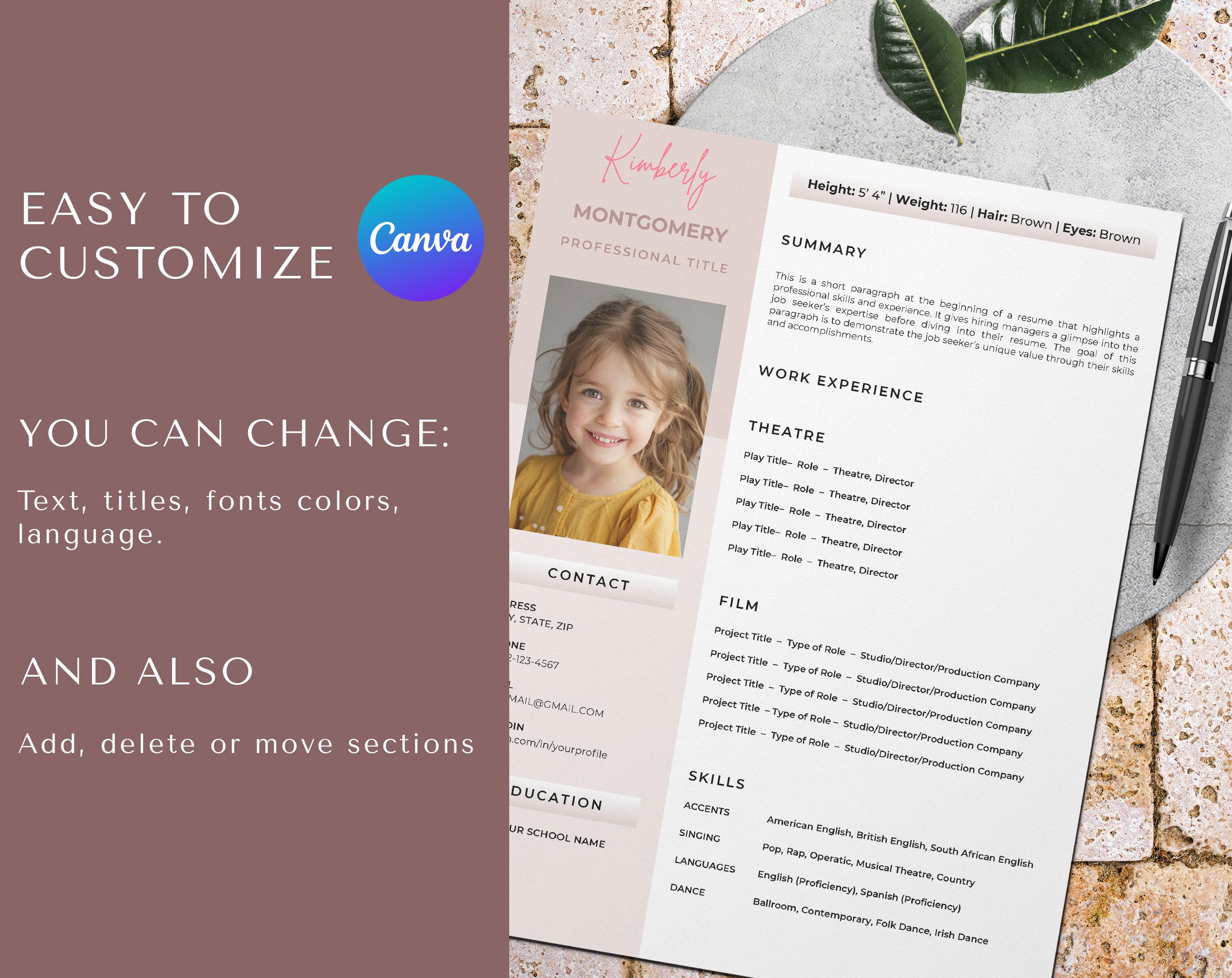 Child Actor Resume Template for Canva: Perfect for Showcasing Kids ...