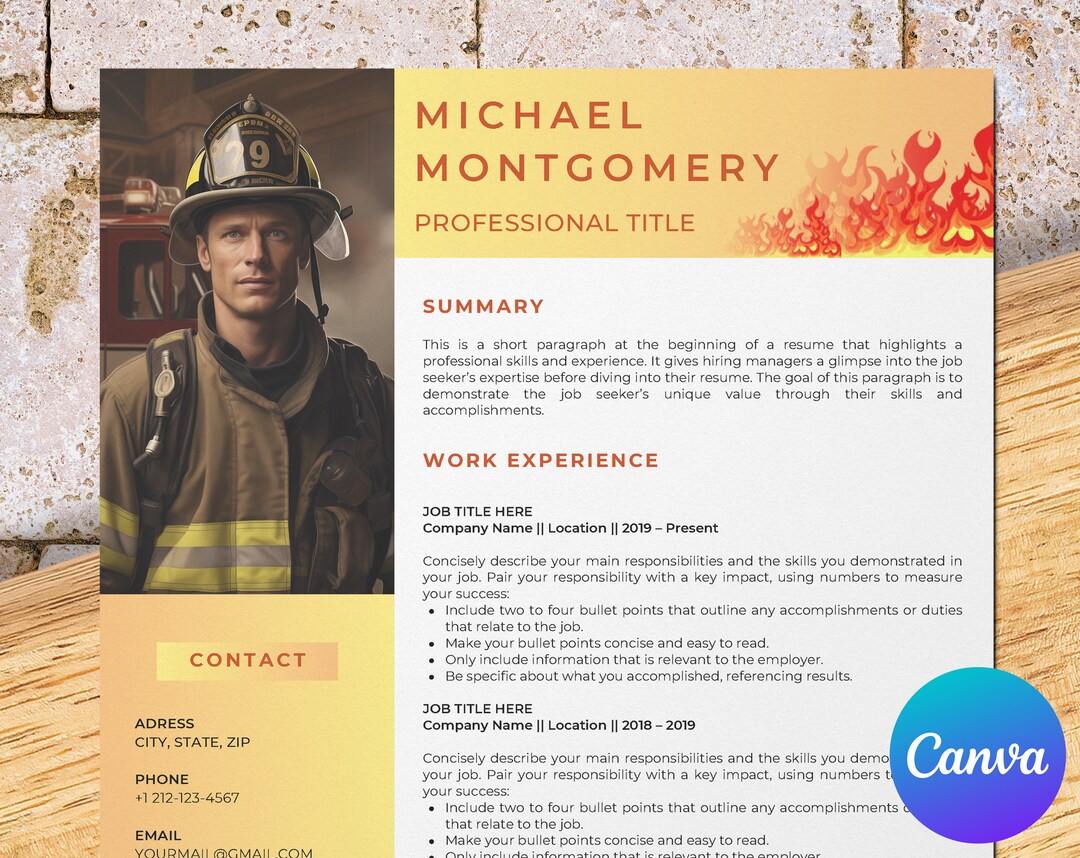 Firefighter Resume Template With Photo for Canva, Fire Chief, Volunteer ...