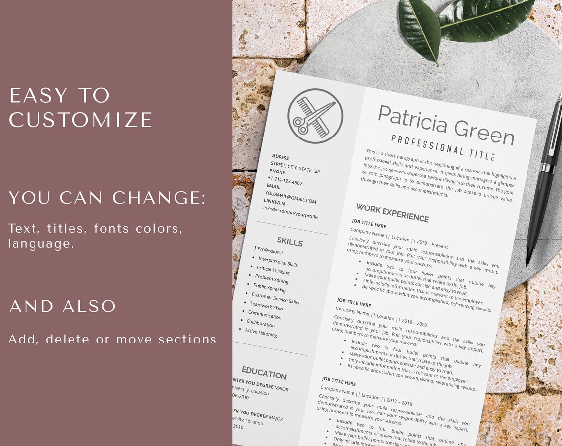 Professional Hairstylist Resume Template for Word, Hairdresser Resume ...