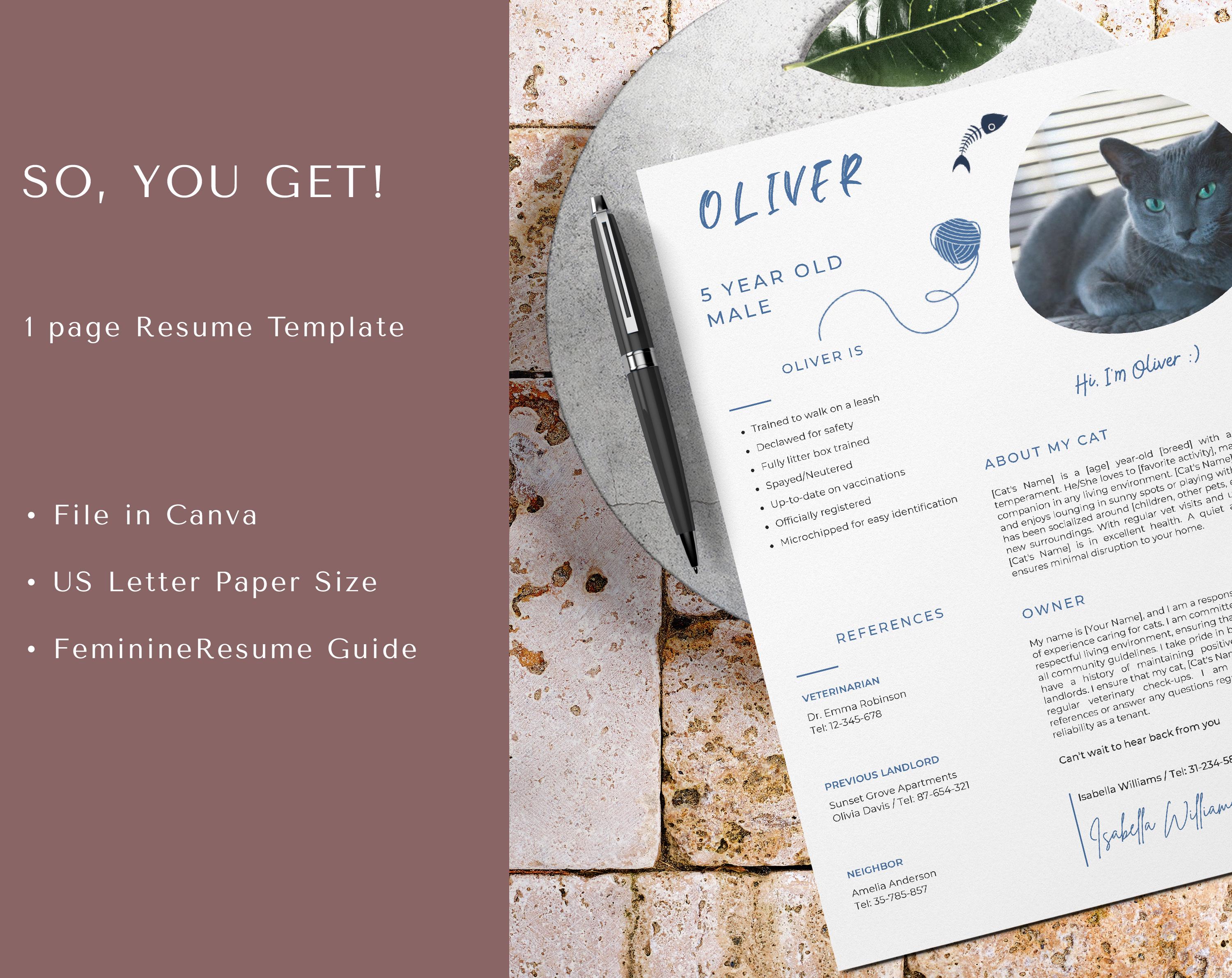 Cat Resume With Photo for Canva, Cat Resume for Rental Application, Cat ...