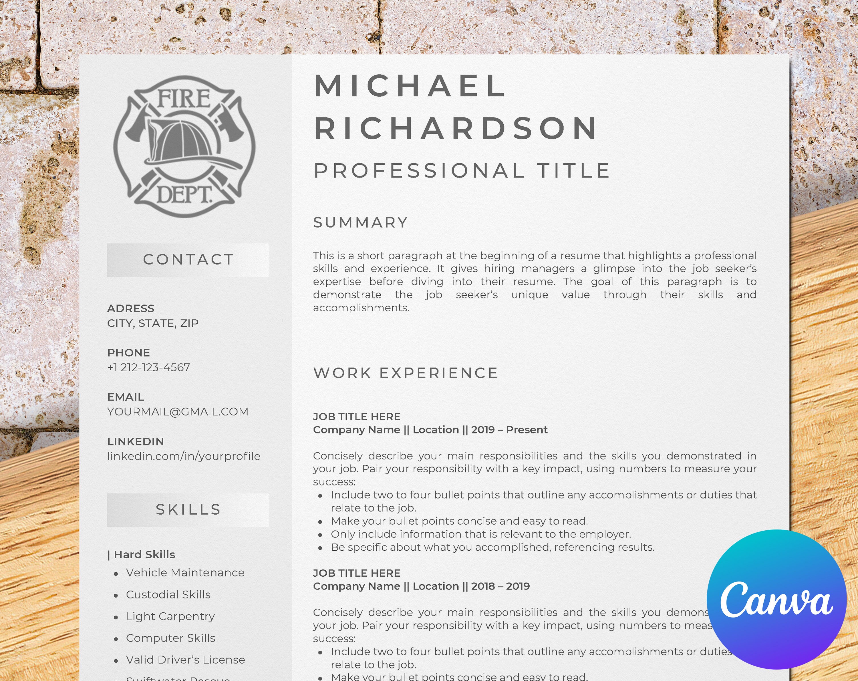 Firefighters Resume Template for Canva, Fire Protection Engineer, Fire ...