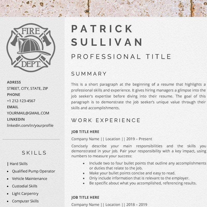 Fire Chief Resume Template - Etsy