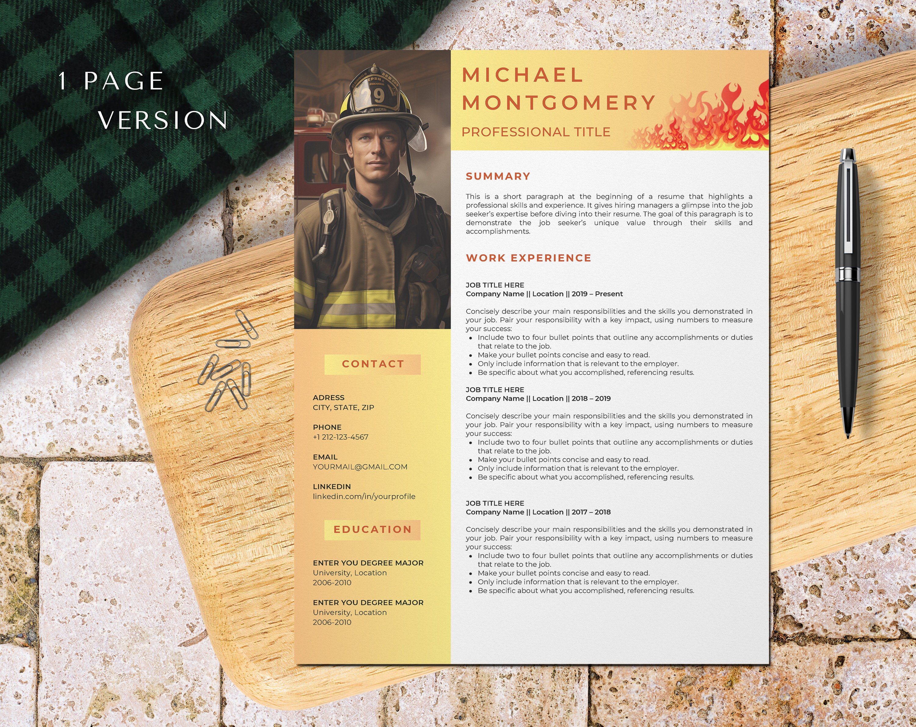 Firefighter Resume Template With Photo for Canva, Fire Chief, Volunteer ...