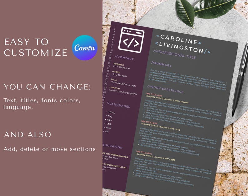 Developer Resume Template for Canva: for Software Web Engineers, It Programmer, Java, Full Stack ...