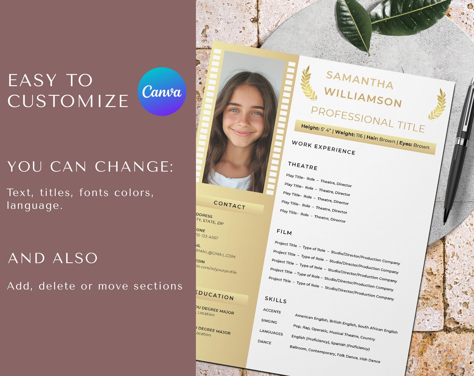 Child Actor Resume Template for Canva, Kid Actor Cv, Child Model Actor ...