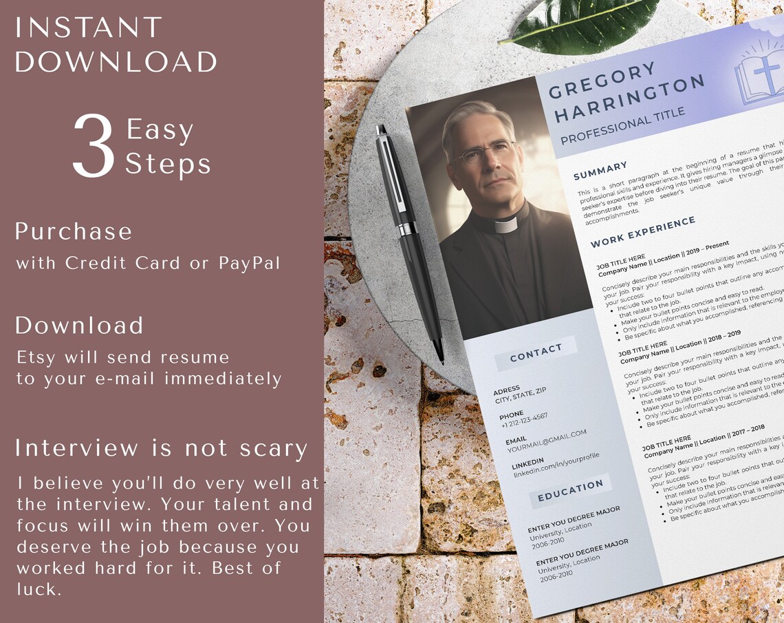 Pastor Resume Template for Canva, Church Resume, Religion Cv, Chaplain ...