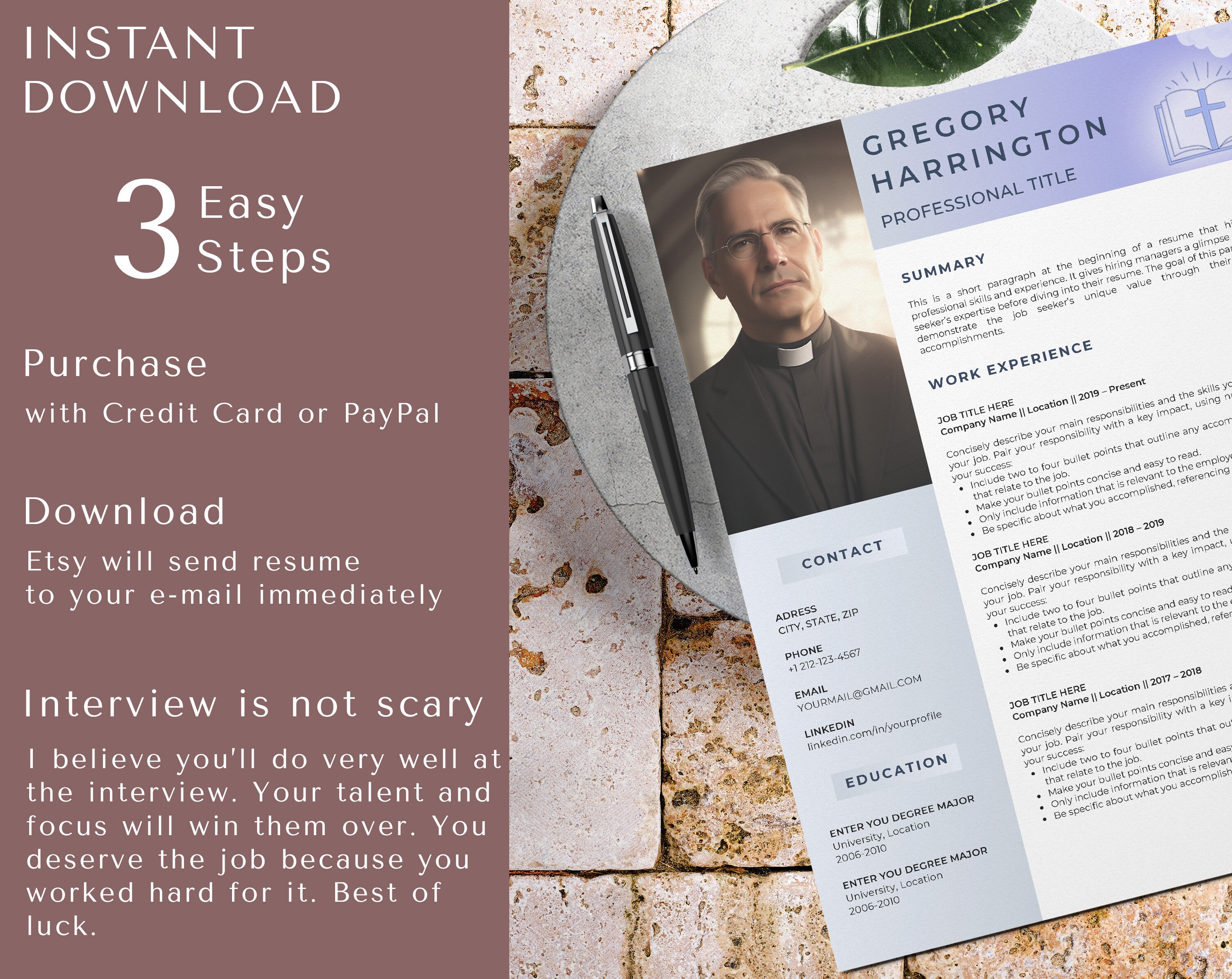 Pastor Resume Template for Canva, Church Resume, Religion Cv, Chaplain ...