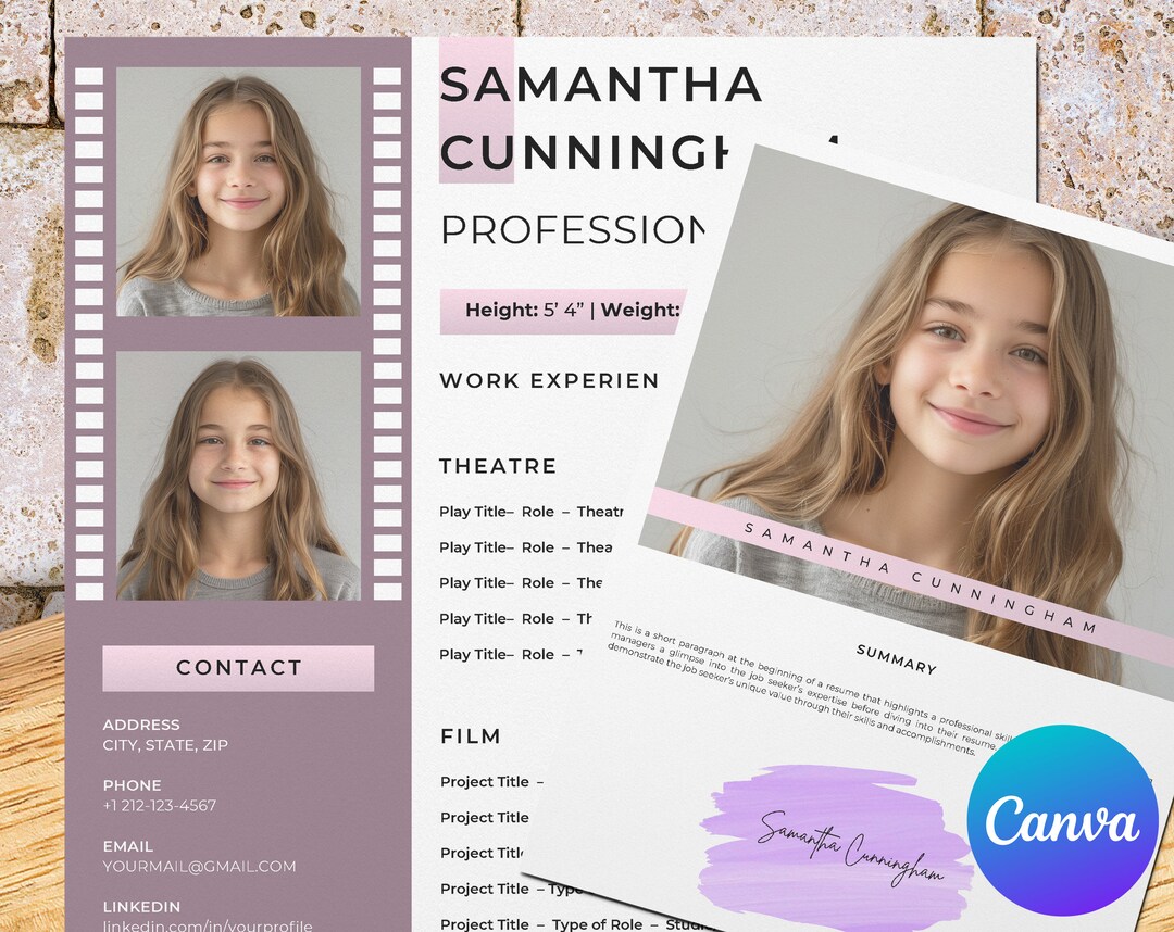 Child Actor Resume Template With Photo for Canva, Child Model Actor and ...