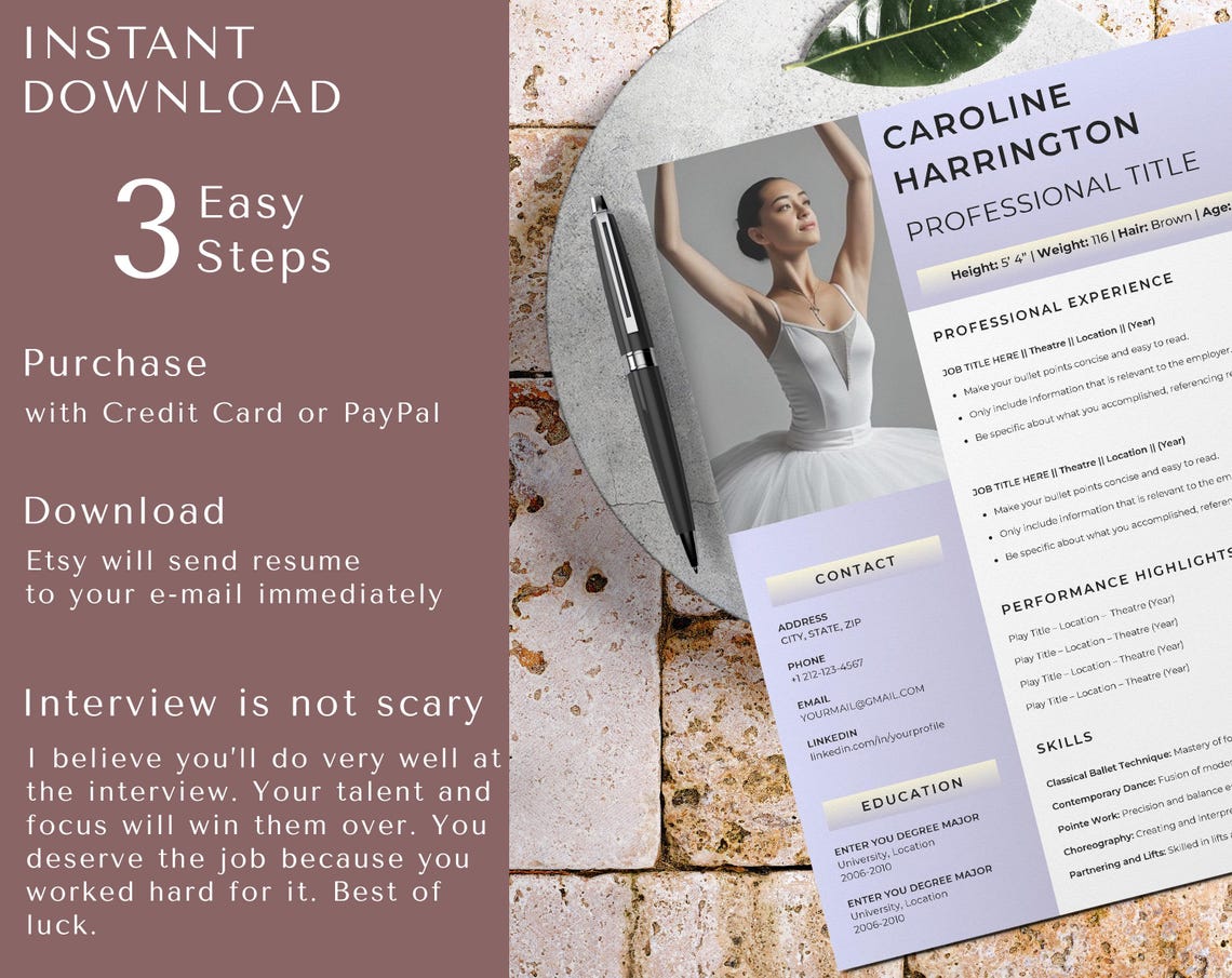 Ballet Resume Template for Canva: Perfect for Showcasing Your Ballerina ...