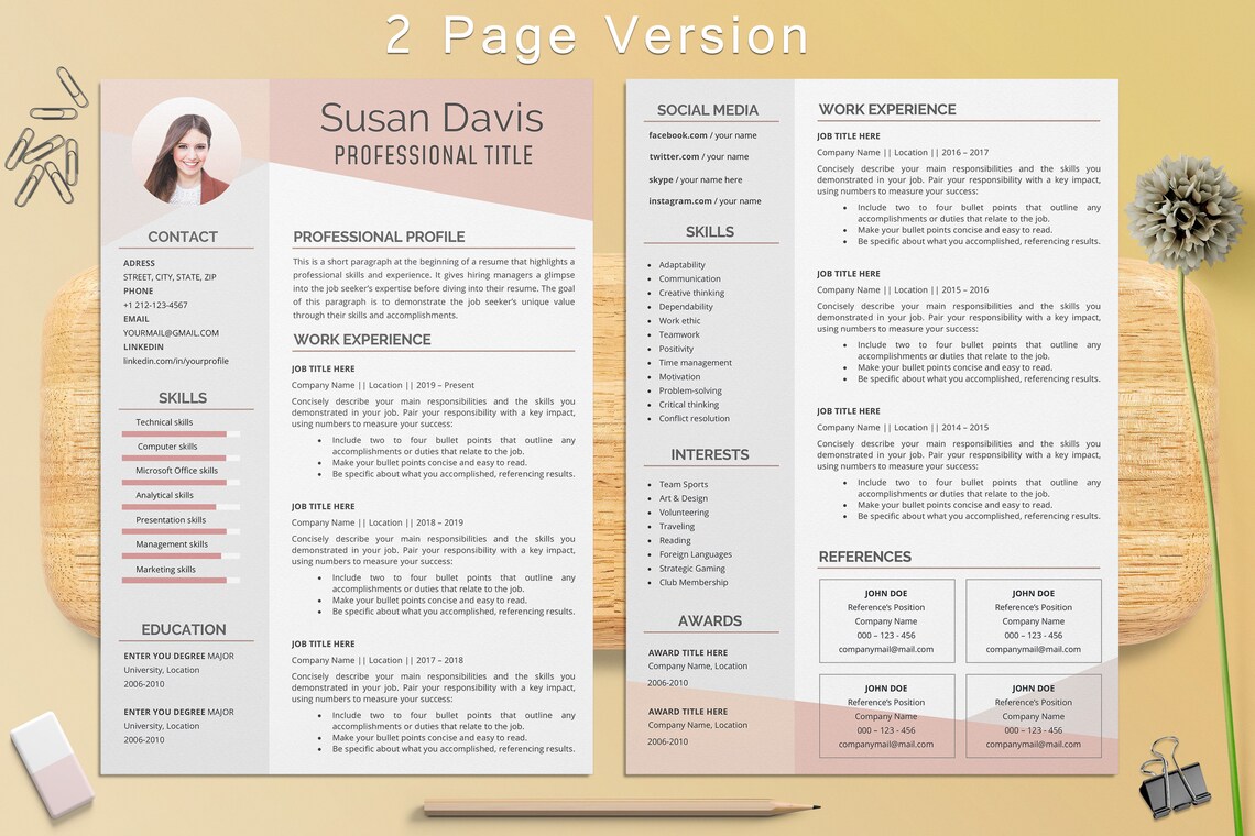 Feminine Resume Template With Photo for Word Sorority Resume - Etsy