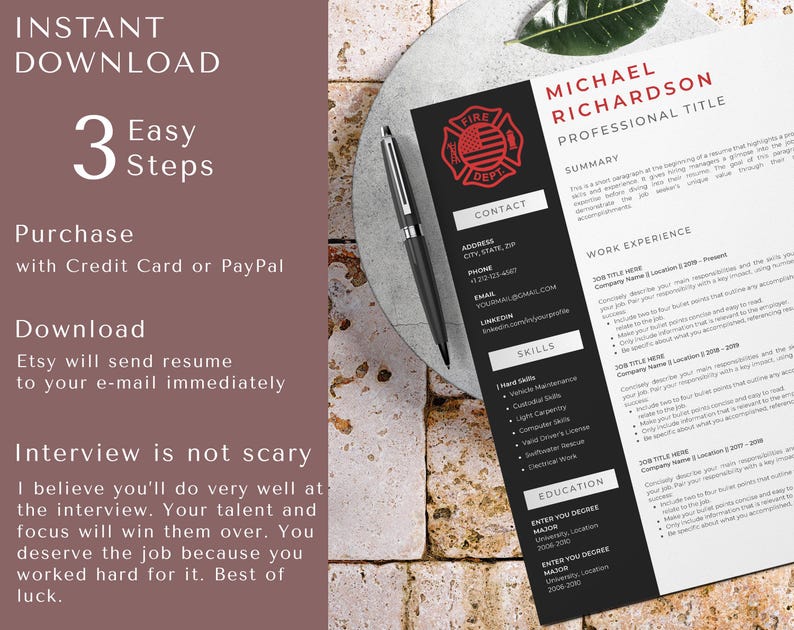 US Firefighter Resume Template for Canva, Wildland Firefighter Resume ...