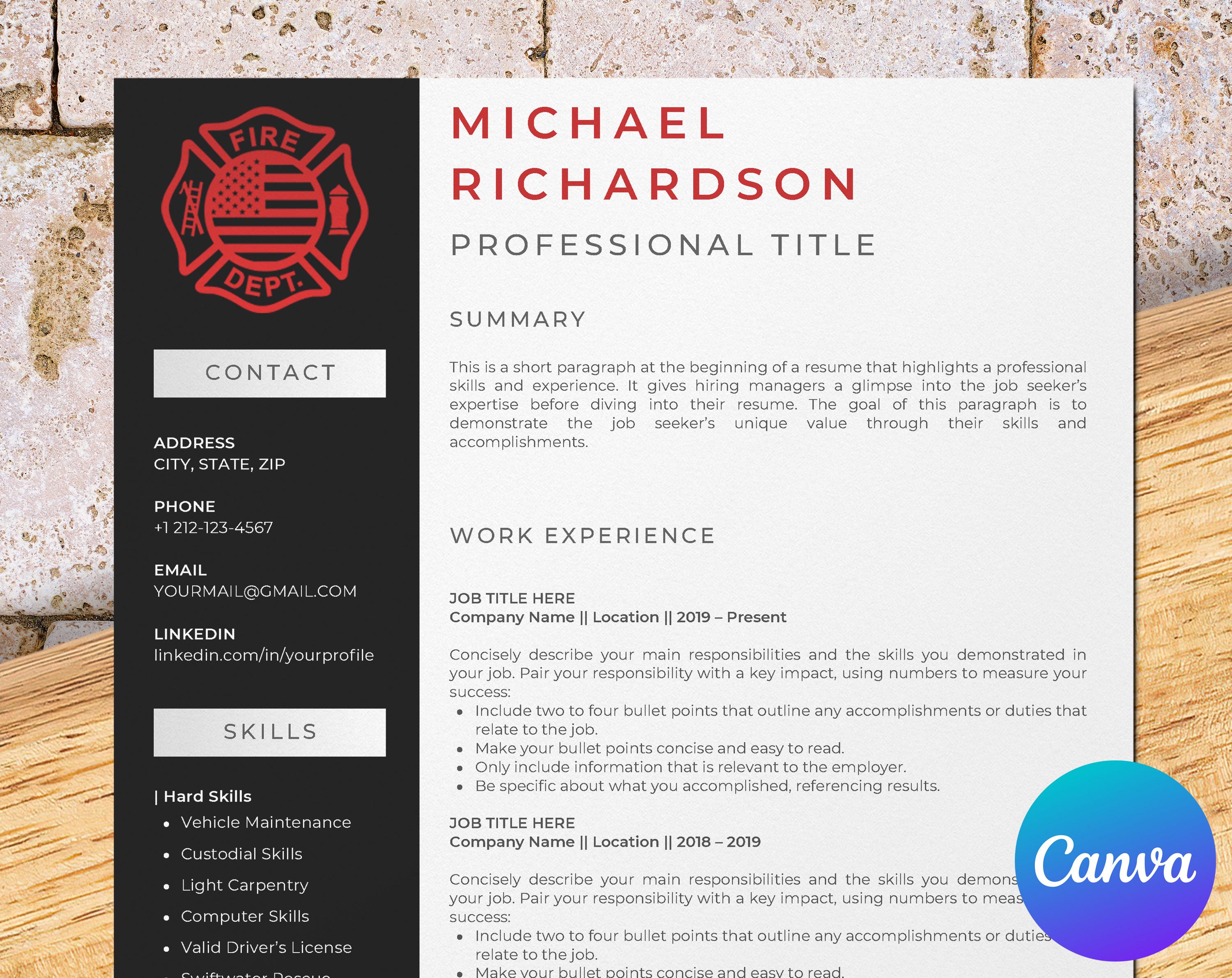 US Firefighter Resume Template for Canva, Wildland Firefighter Resume ...