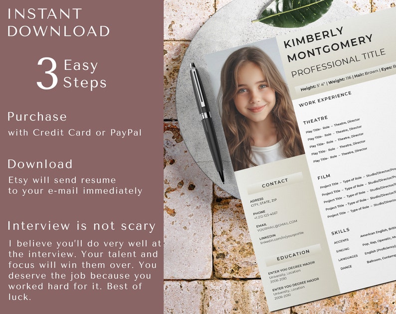 Child Actor Resume Template With Photo for Canva, Child Model Actor and ...