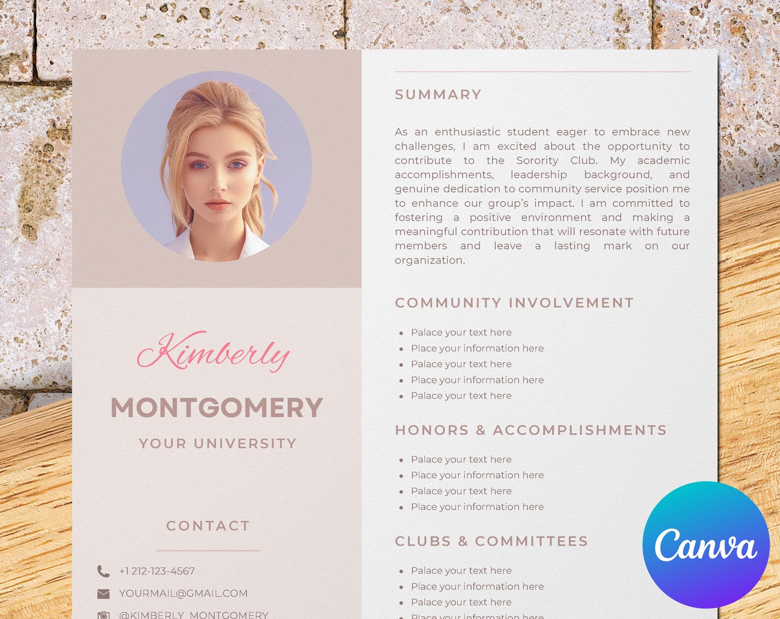 Sorority Resume Template With Photo for Canva: Perfectly Crafted for ...