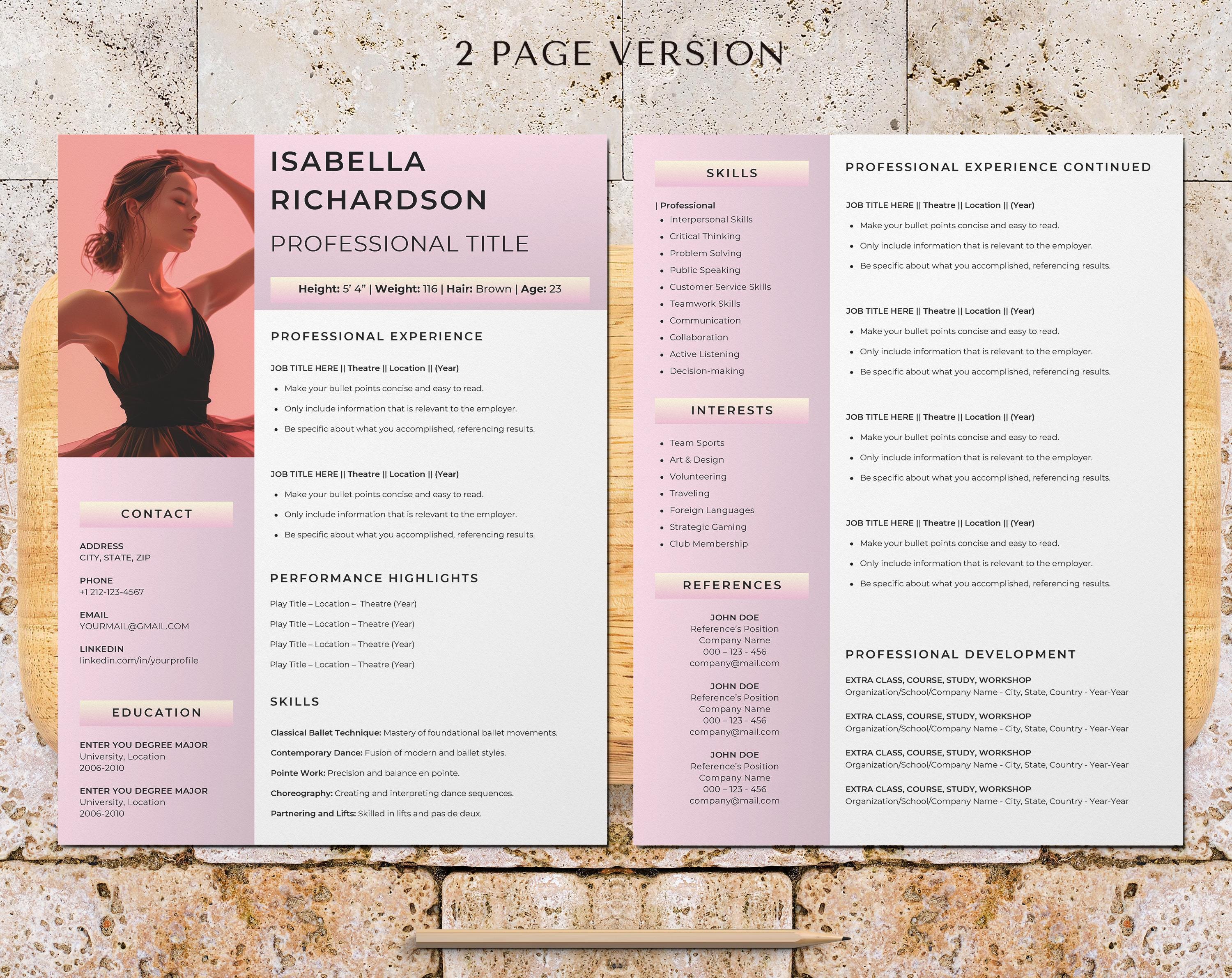 Ballet Dancer Resume Template for Canva: Highlight Your Ballerina ...