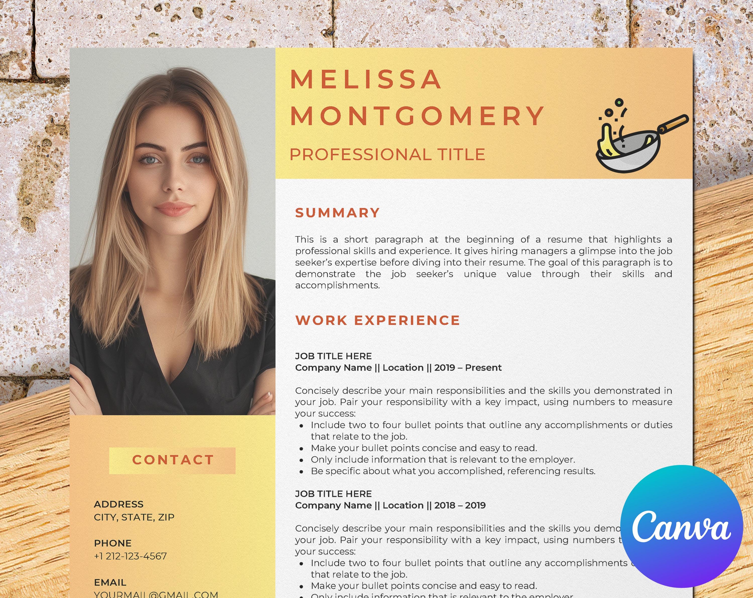 Chef & Cook Resume Template for Canva: Stand Out With a Sleek ...