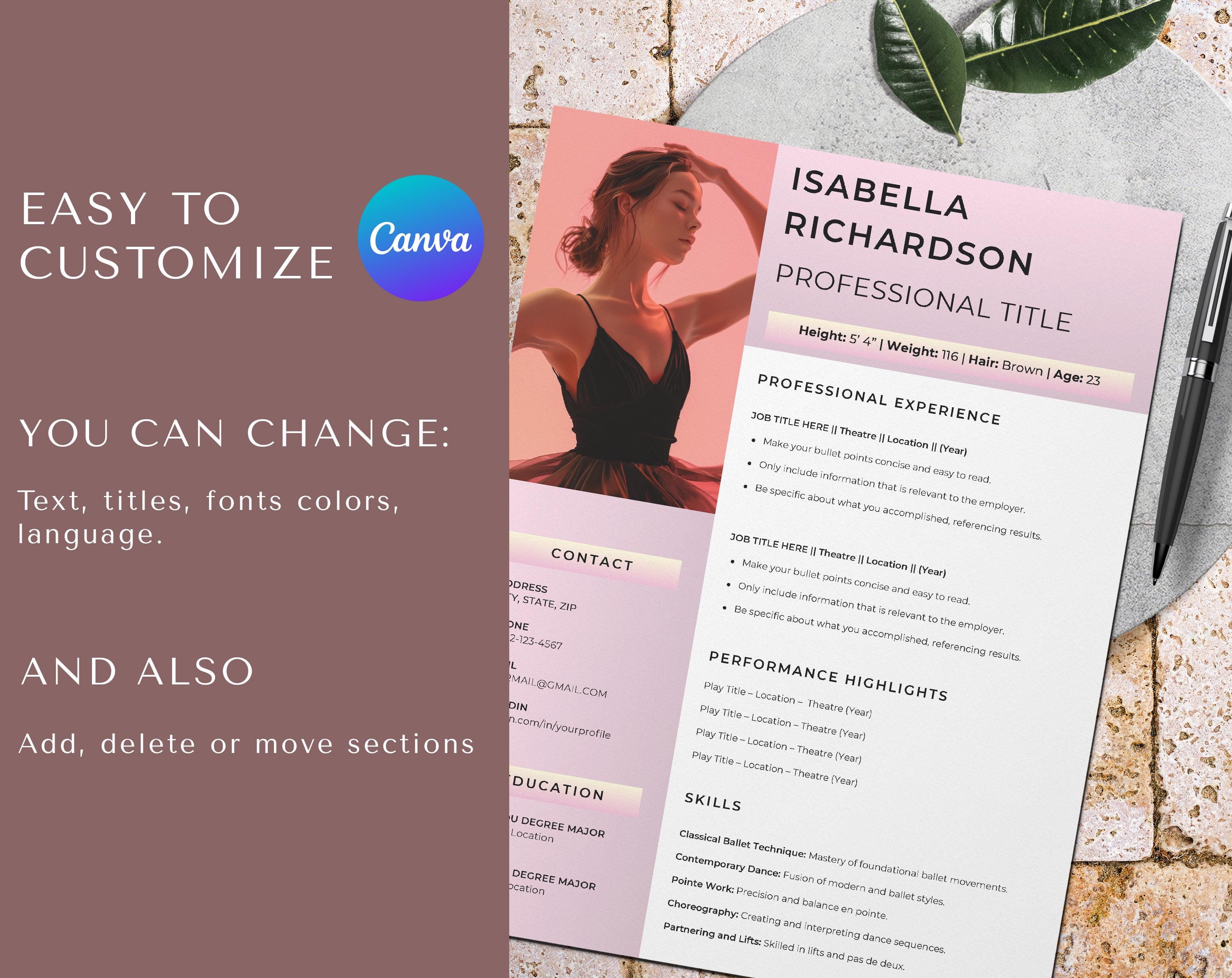 Ballet Dancer Resume Template for Canva: Highlight Your Ballerina ...