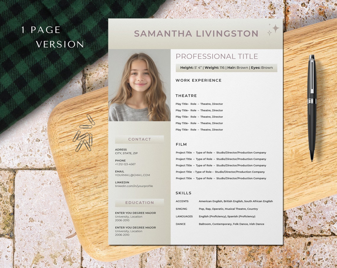 Child Actor Resume Template for Canva, Kids Actor Resume, Child Model ...
