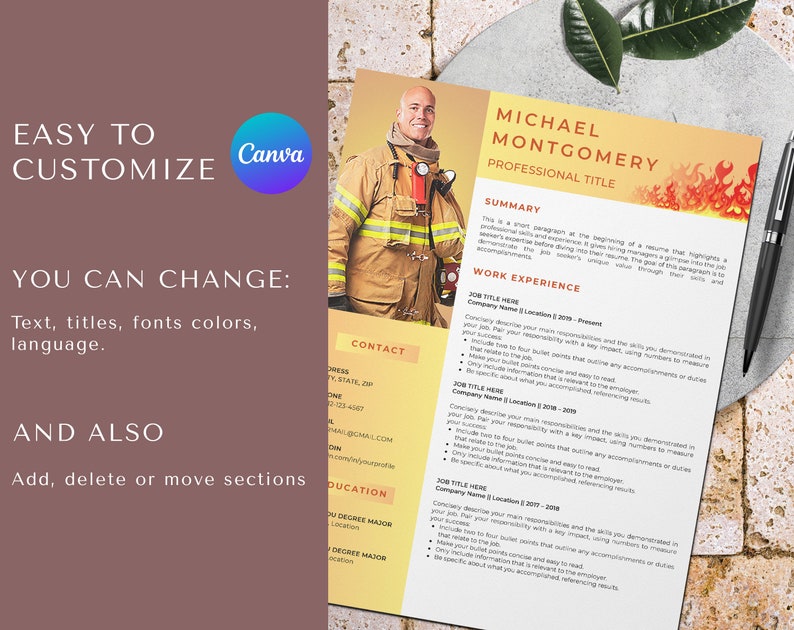 Firefighter Resume Template With Photo for Canva Fire Chief - Etsy
