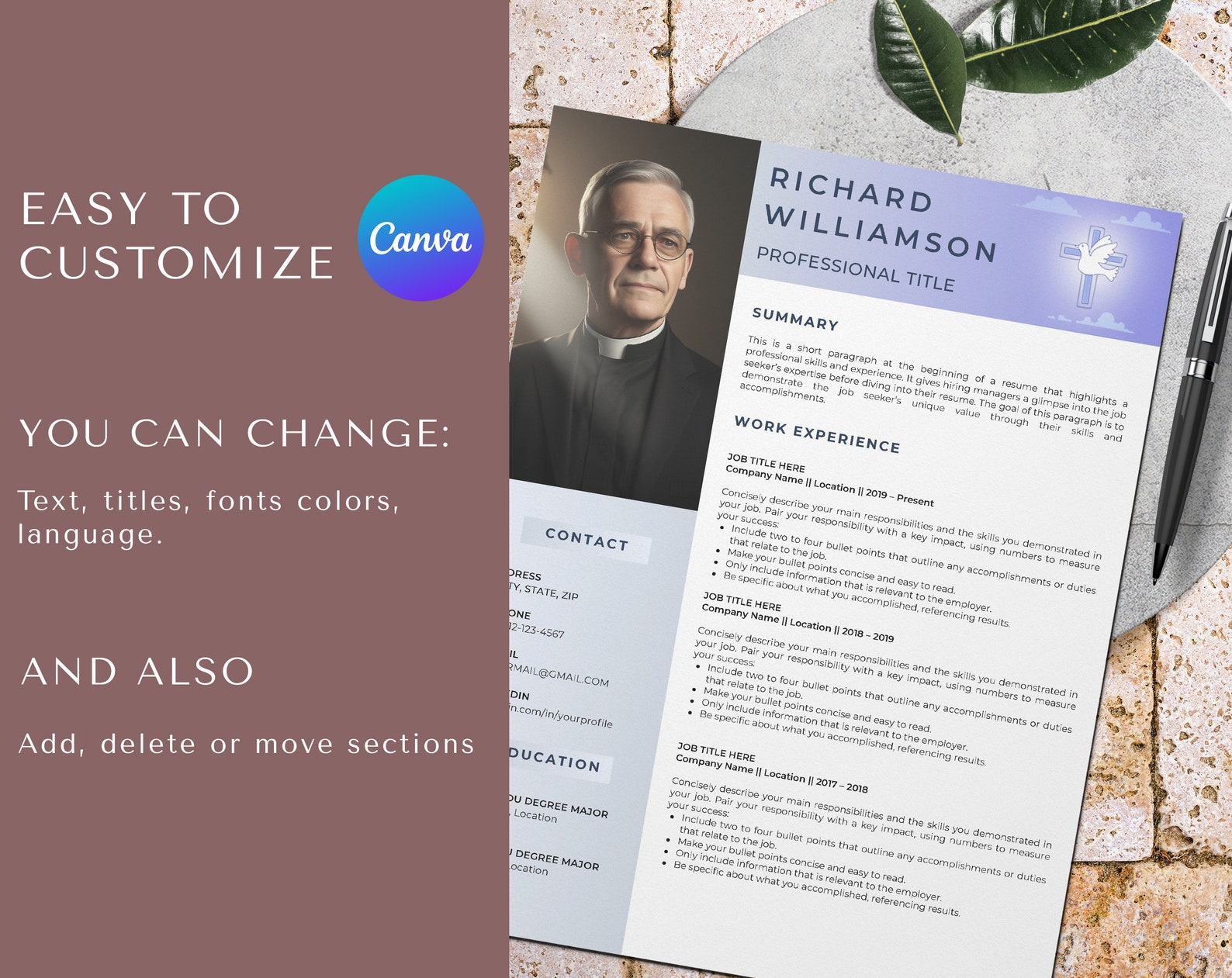 Pastor Resume Template for Canva, Religion Resume, Church Cv, Chaplain ...