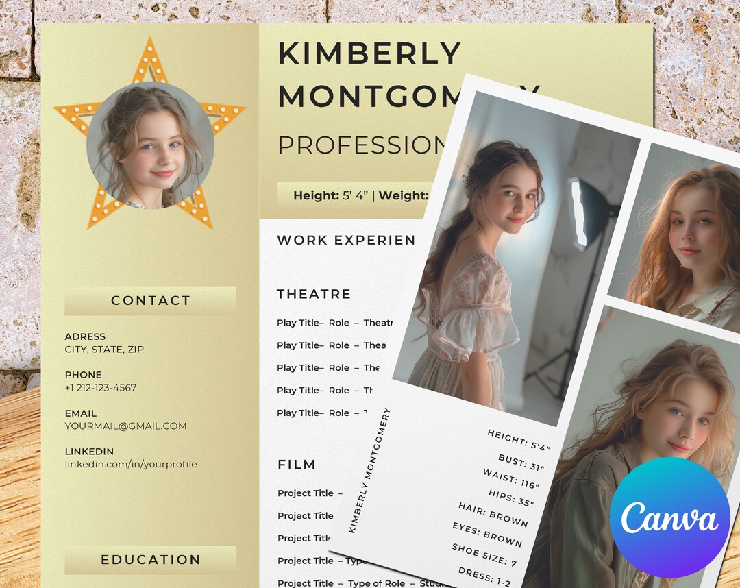Child Actor Resume Template With Photo for Canva: Perfect for Aspiring ...