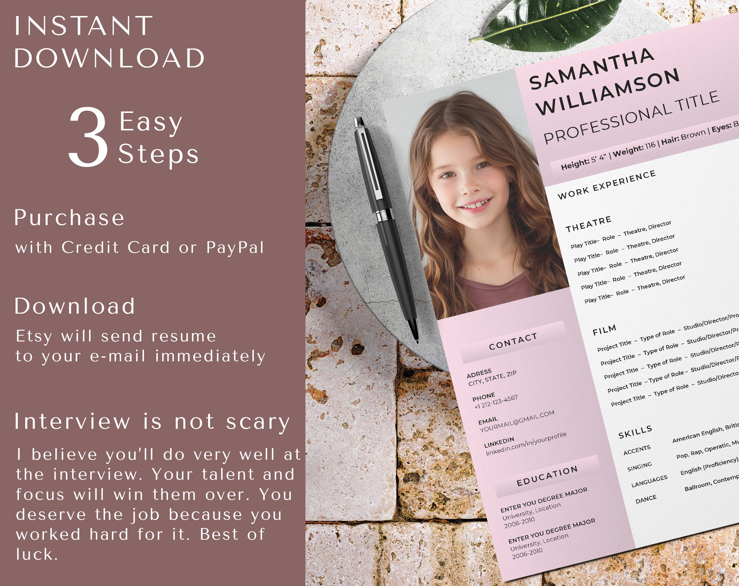 Child Actor Resume Template With Photo for Canva, Child Model Actor and ...