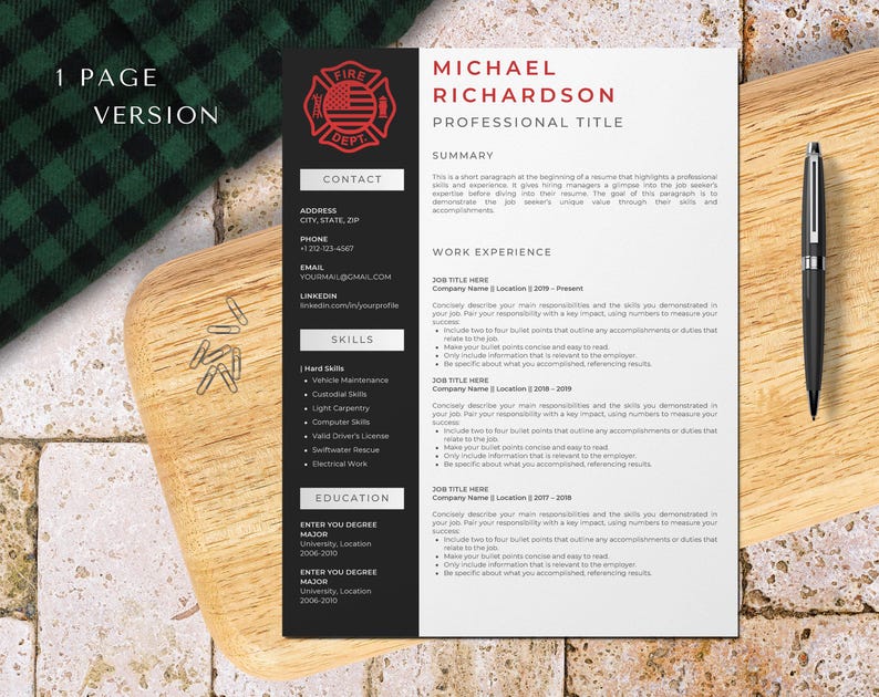 US Firefighter Resume Template for Canva, Wildland Firefighter Resume ...