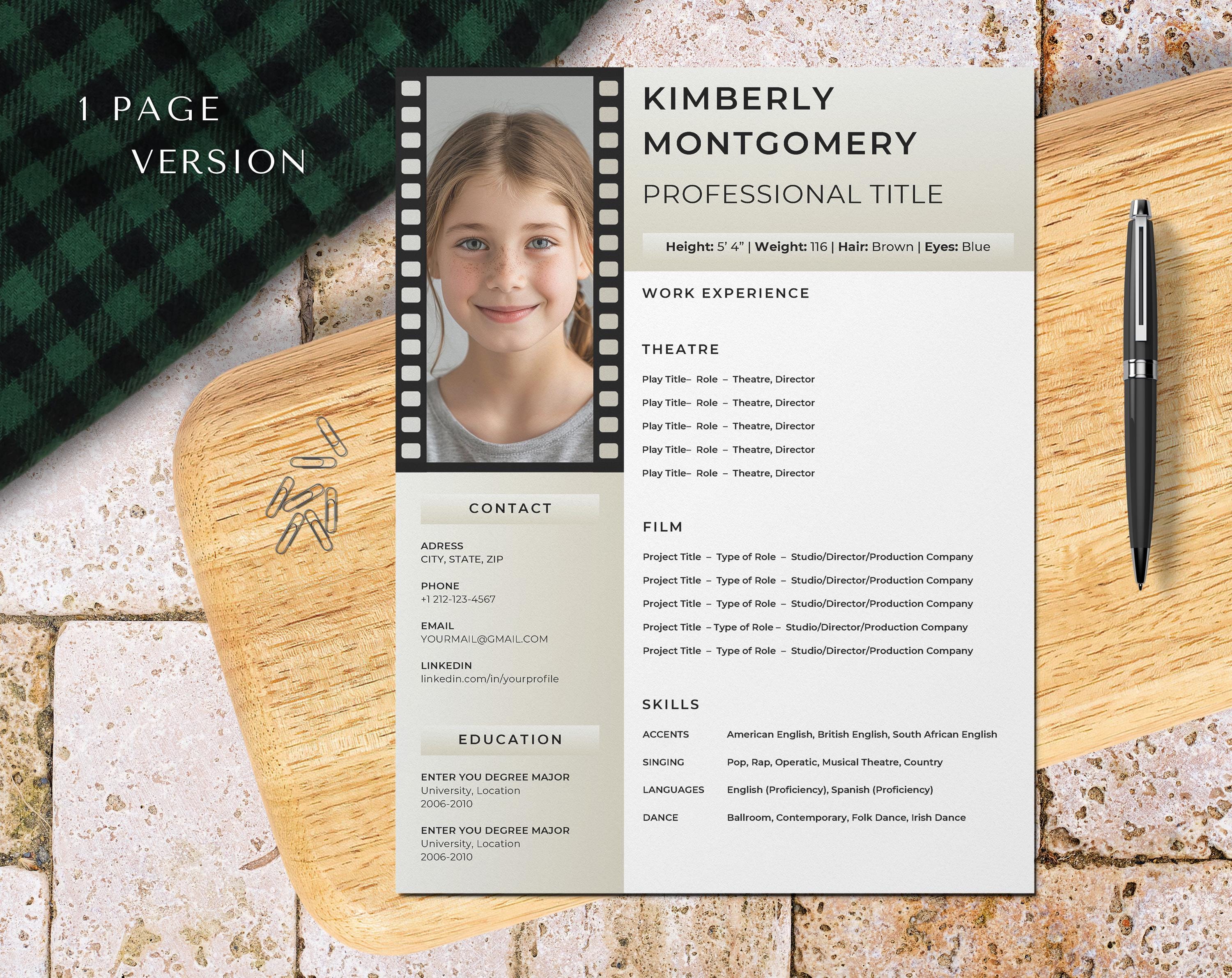 Child Actor Resume Template for Canva: Showcase Your Kids Acting Talent ...